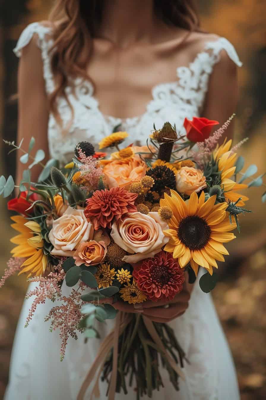 Sunflowers And Rose Wedding Bouquets: 20 Inspiring Ideas • Confetti & Roses